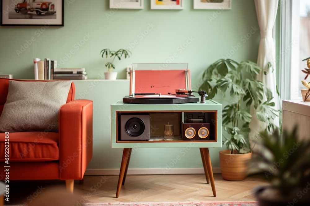 Vintage record player on a mint green side table in a mid-century ...