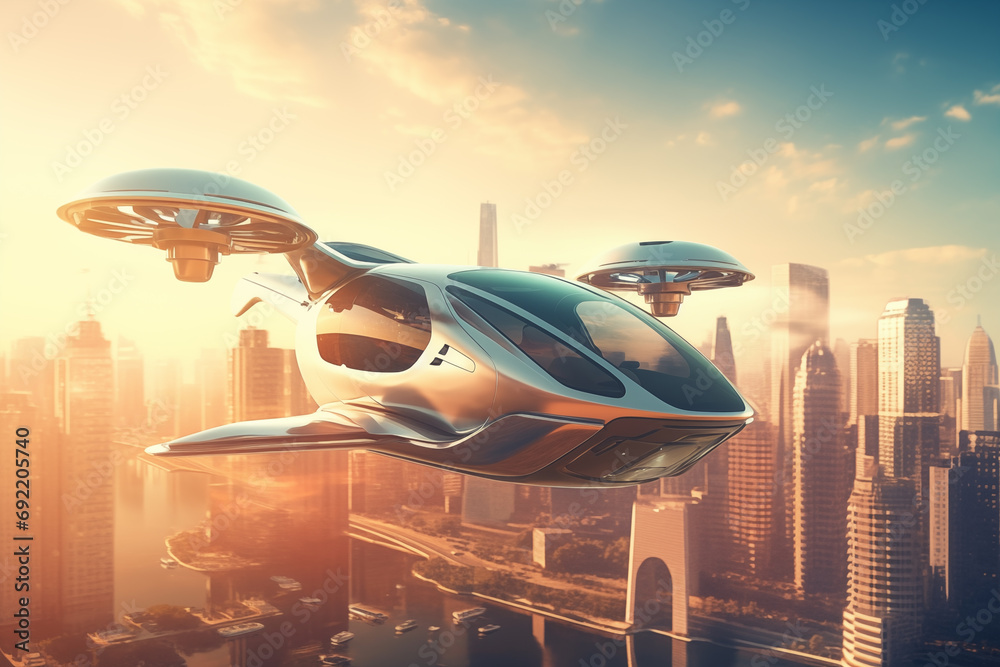 Flying car in sky. Electric air car flight above a cityscape. Future ...