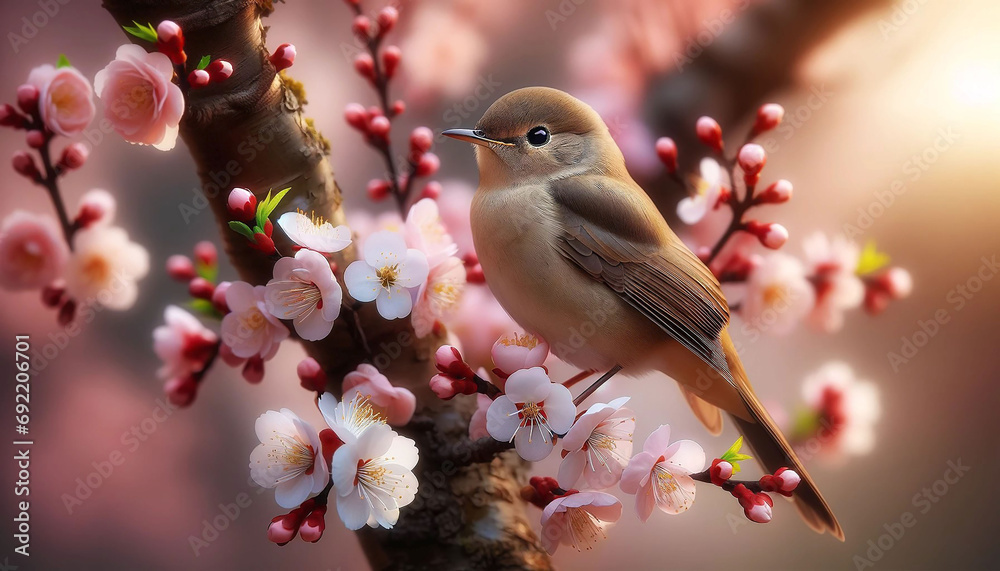 Delightfully beautiful nightingale bird on a flowering tree in spring ...