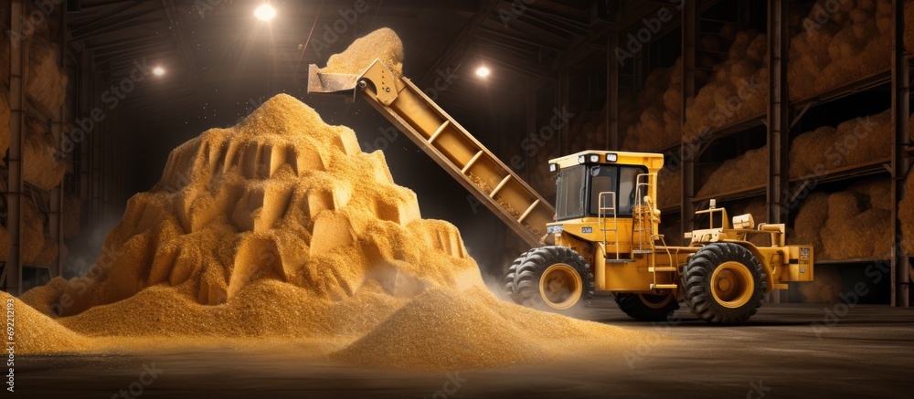 Backhoe standing on pile of raw brown sugar inside a warehouse Bulk ...