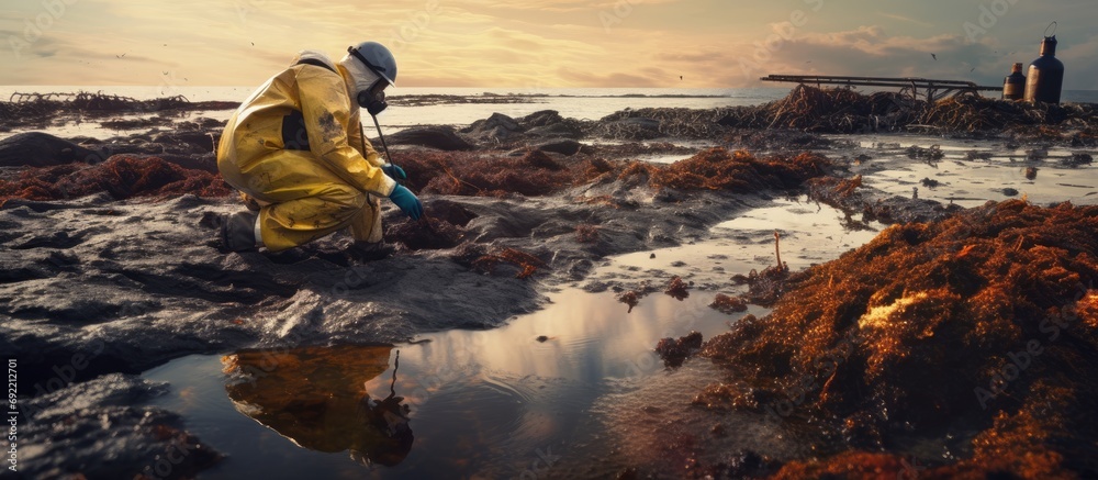 Biologist taking sample of oil spill on big water toxic test damaged ...