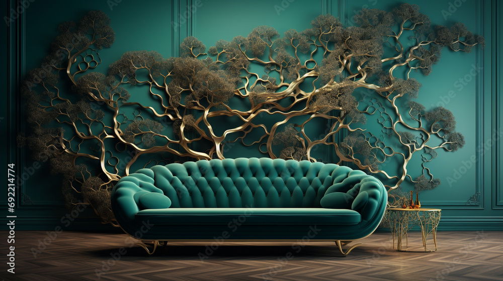 A detailed, elaborate 3D tree pattern intertwining on a solid jade wall ...