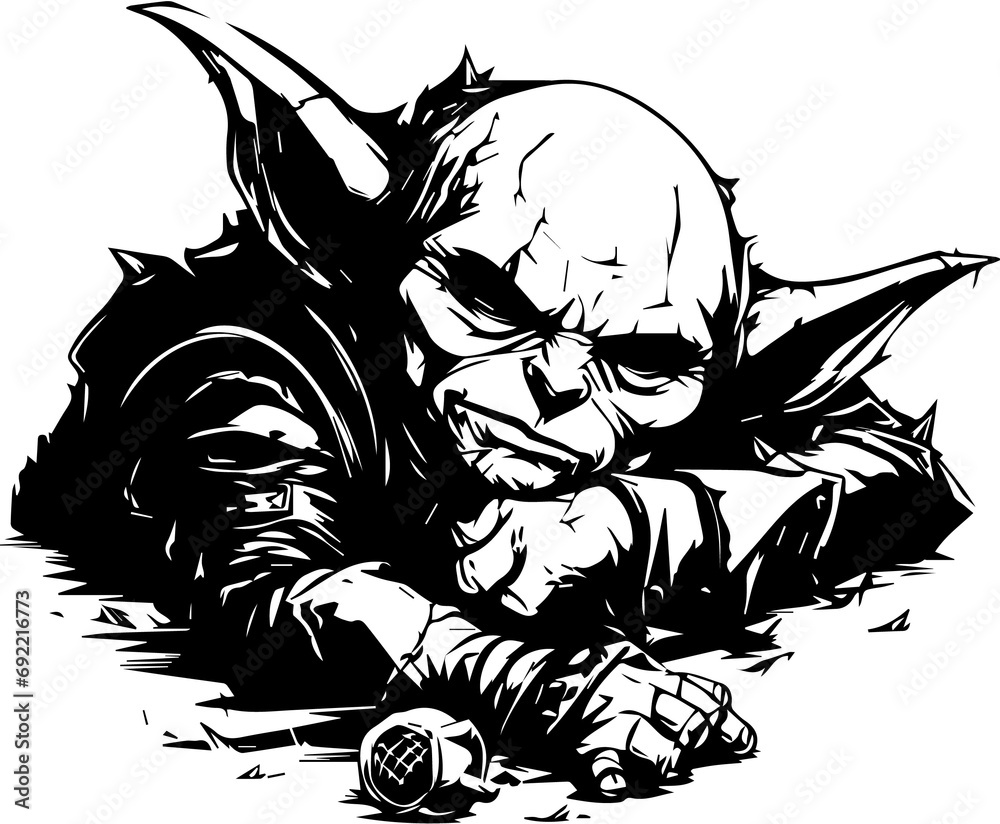 Black and White Vector Graphic of Goblin Sleeping Stock Illustration ...