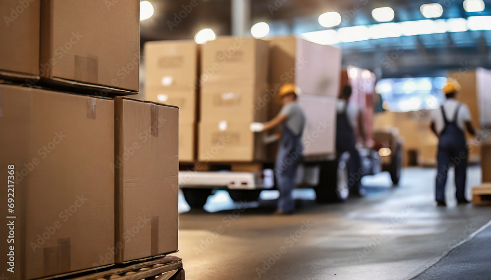 Warehouse worker loading shipment carton boxes on truck to warehouse ...