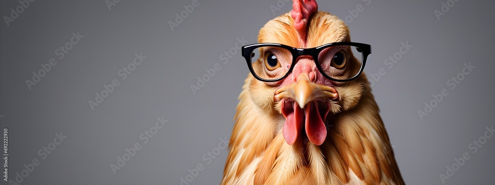 Studio portrait of a chicken wearing glasses on a simple and colorful ...