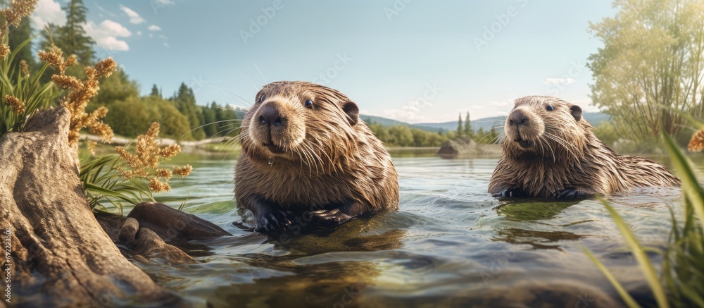 Beavers building dam by a creek Animals wildlife rodent control. Copy ...