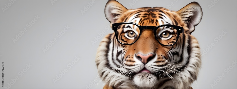 Studio portrait of a tiger wearing glasses on a simple and colorful ...
