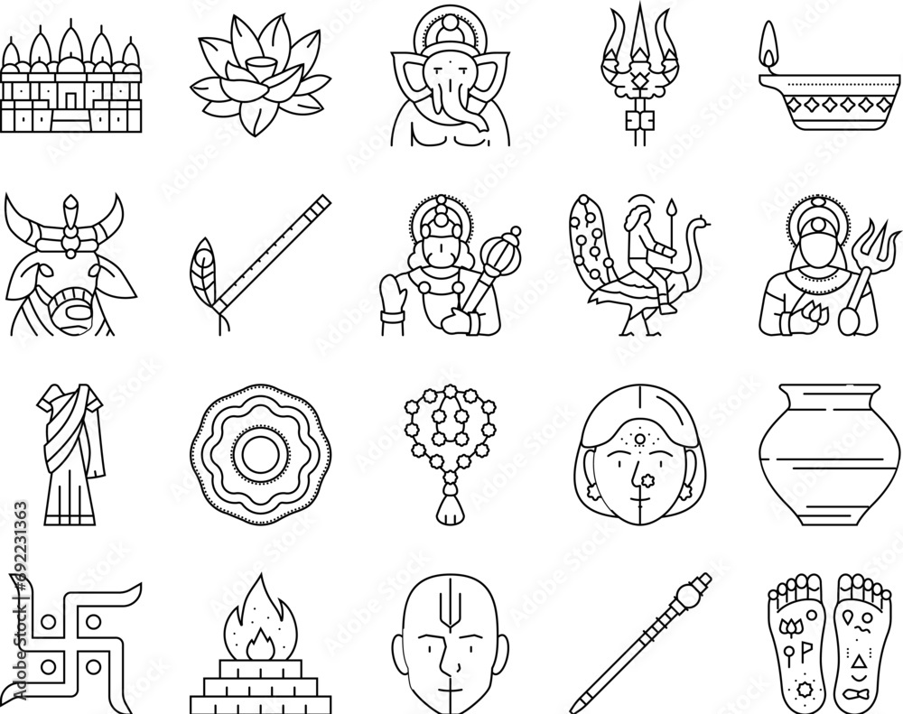 hinduism india hindu god religion icons set vector. indian lord statue ...