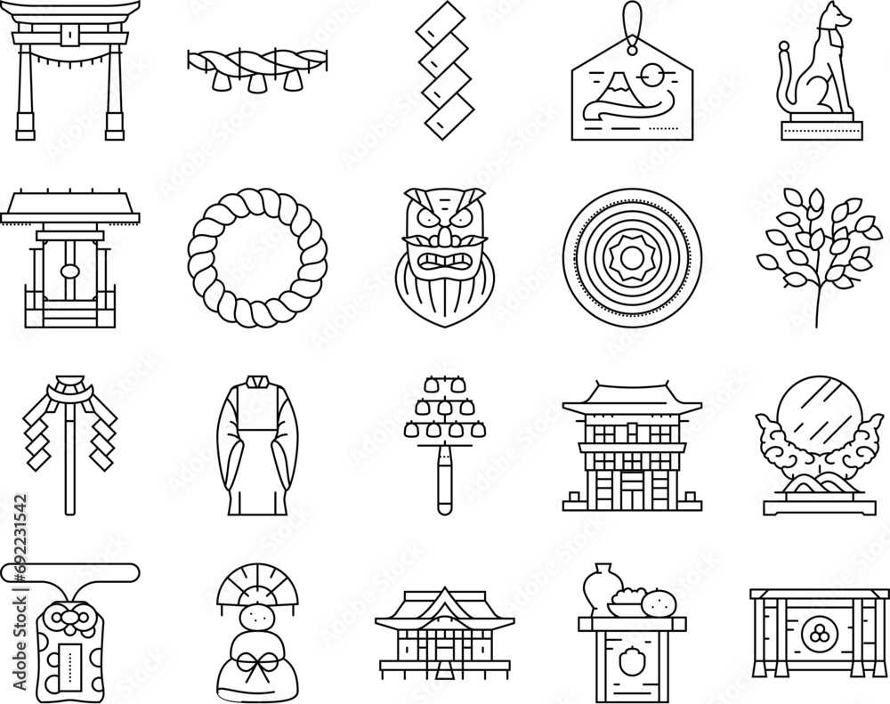 shinto japan japanese temple icons set vector. asia, asian torii, shintoism hiroshima, miyajima ...