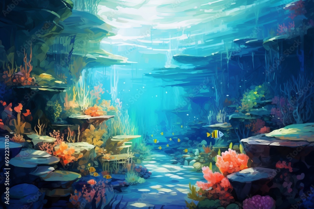 Underwater Seascape Panorama in Oil Painting Style - For Background ...