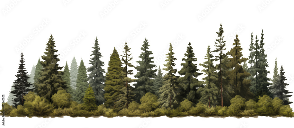 Green evergreen fir pine spruce trees treeline isolated on transparent ...