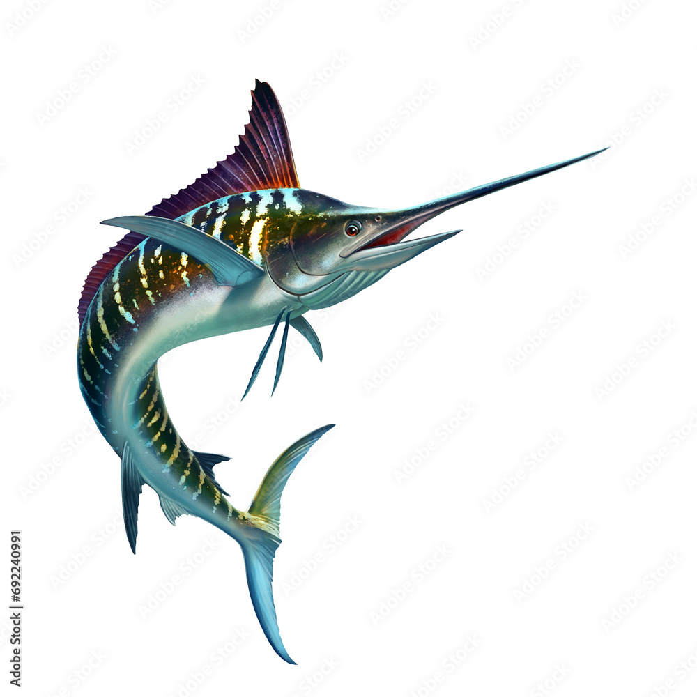 Striped marlin on white, fish sword. Realistic isolated illustration ...