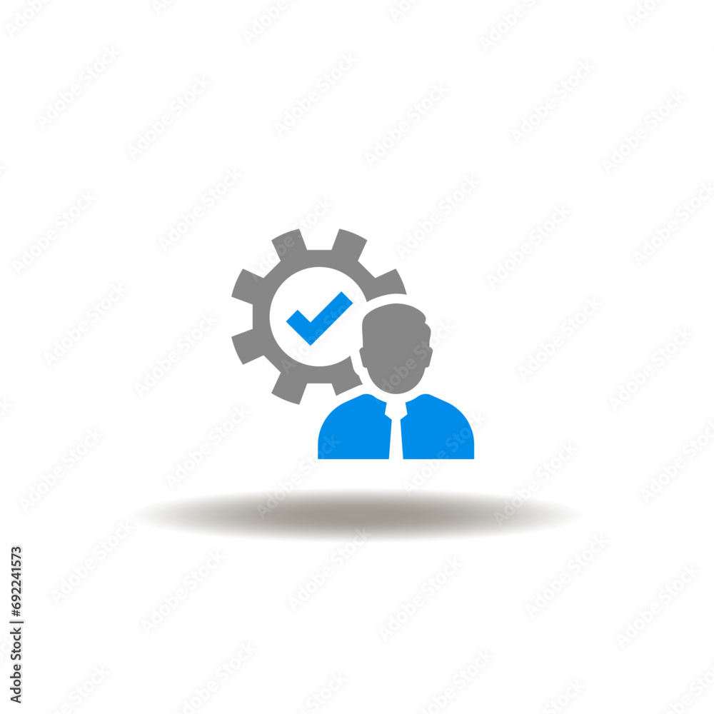 Vector illustration of man and gear with check mark. Icon of customer ...