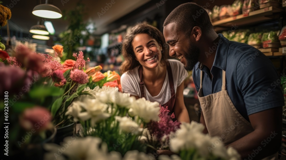 Flower shop counter, where a florist assists a customer in selecting ...