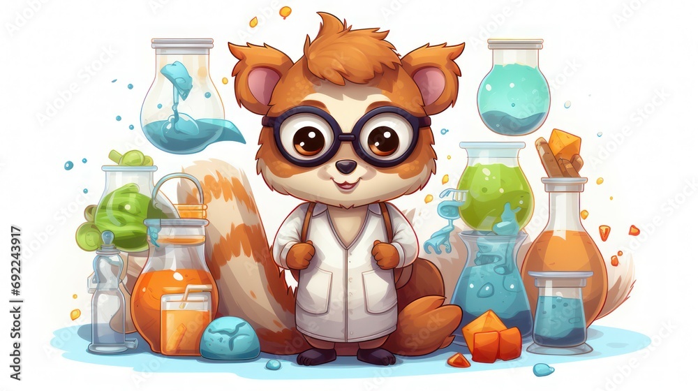 Cartoon illustration of a scientist fox animal in a laboratory room ...