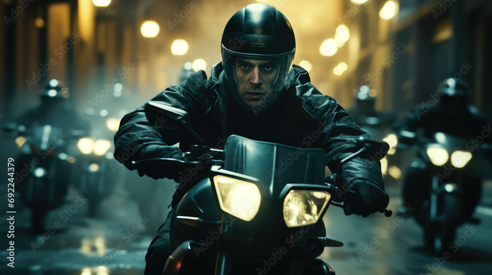 Cinematic scene of bank robbers evading law enforcement, featuring a ...