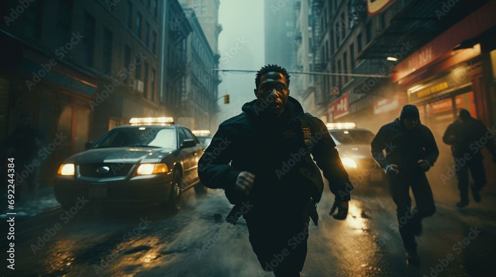 Cinematic scene of bank robbers evading law enforcement, featuring a ...