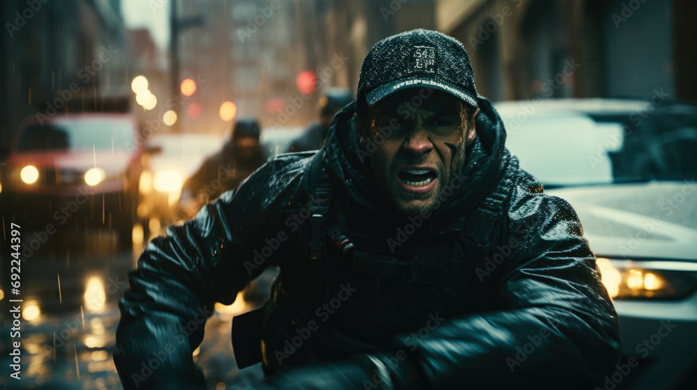 Cinematic scene of bank robbers evading law enforcement, featuring a ...