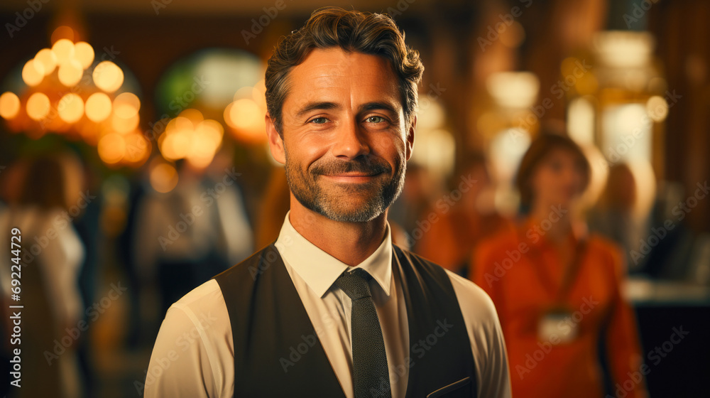 Elegant pastel portrait of a hotel concierge, close-up shot, wearing a ...