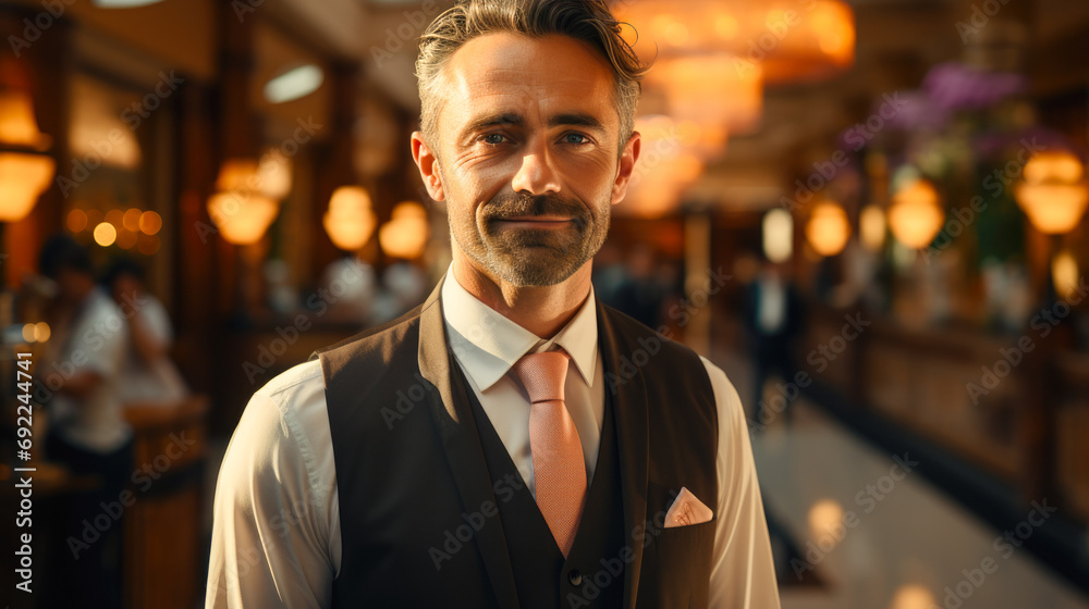 Elegant pastel portrait of a hotel concierge, close-up shot, wearing a ...