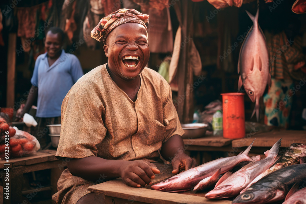 Authentic Fish Commerce: In an African Mercado, a Joyful Man Laughs ...