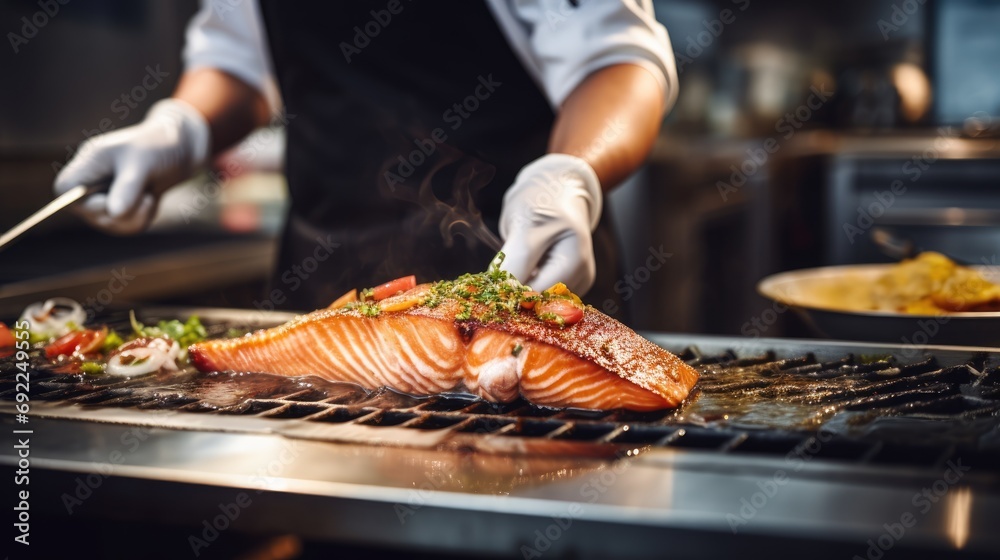Chef's Close-Up in a Commercial Kitchen, Meticulously Placing Grilled ...