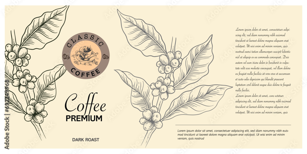 coffee tree and farmer of ink drawing sketch on background for label ...