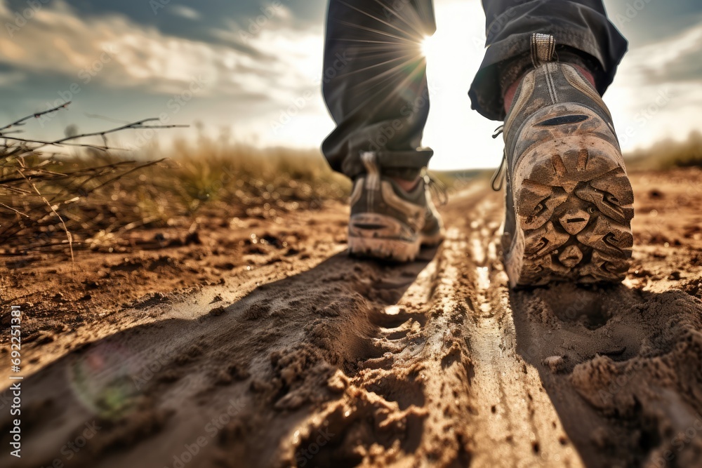 Boots on the Trail: A detailed close-up of hikers' boots navigating a ...