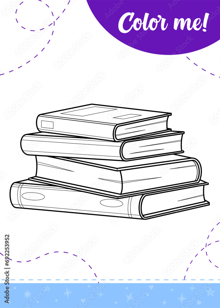 Coloring page for kids with book stack. A printable worksheet, vector ...