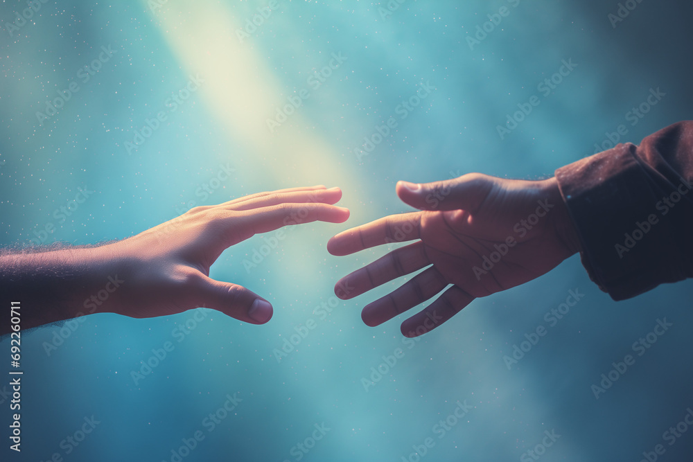 Two hands reaching out to each other with abstract blue background ...