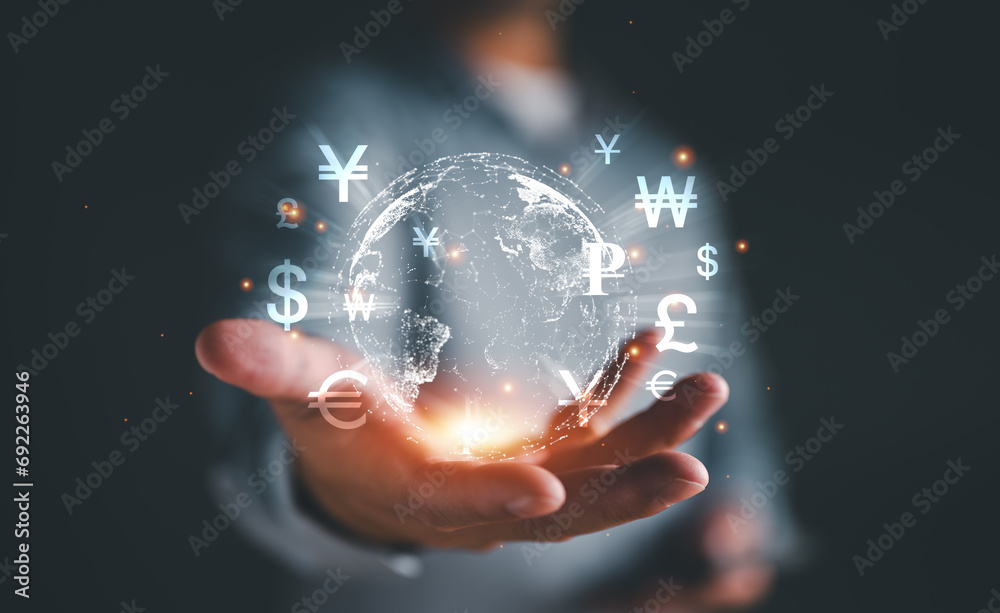 Global currency exchange concept, Businessman holding virtual world map ...
