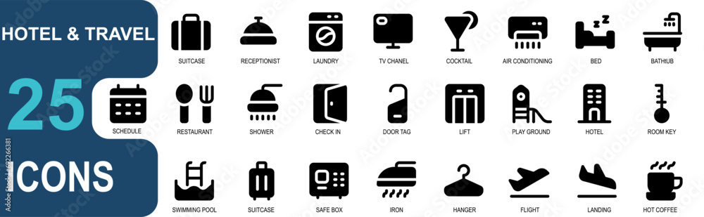 hotel and travel icon set.black color style. contains door, check in ...