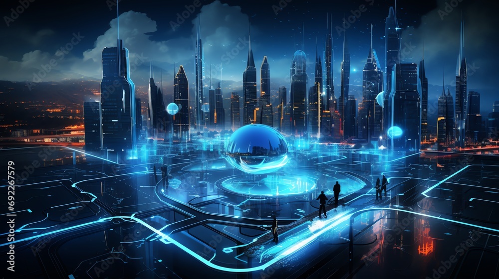 futuristic technology hub with complex network of interconnected ...