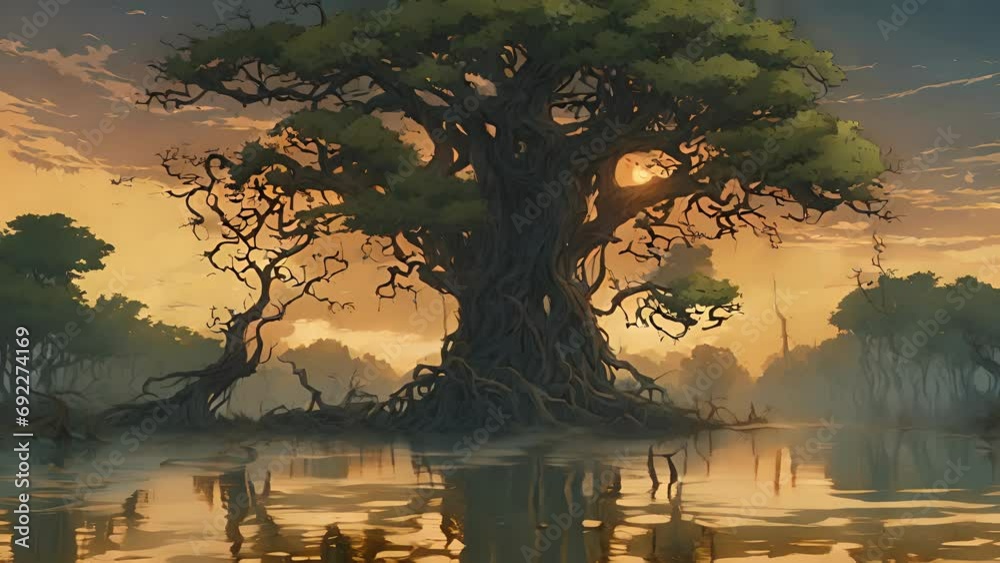 shadowy swamp shrouded darkness, with gnarled trees looming over thick ...