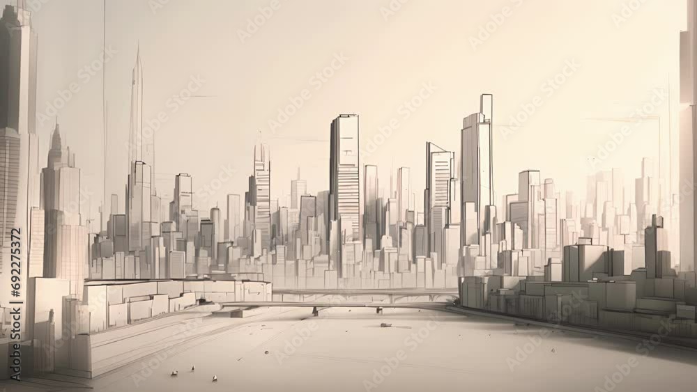 Minimal animation of a handdrawn cityscape gradually coming to life ...