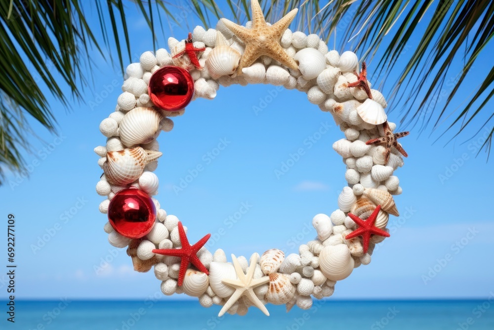 A shell wreath hanging from a palm tree, embodying a beachside ...