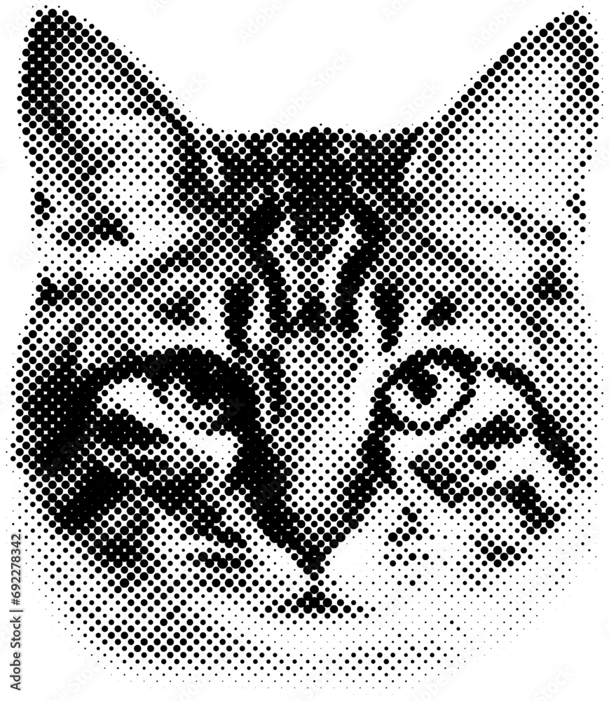 Cat head in halftone dots texture, isolated black and white vector ...