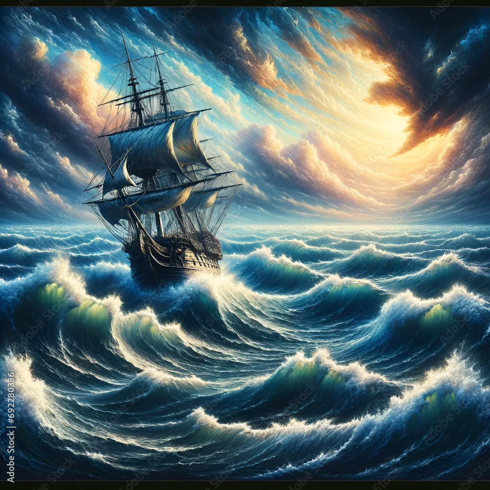 the vast open sea is depicted with tumultuous, rolling waves, creating ...