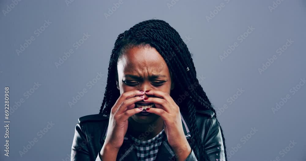 Sad, crying and face of black woman in studio with depression, broken ...