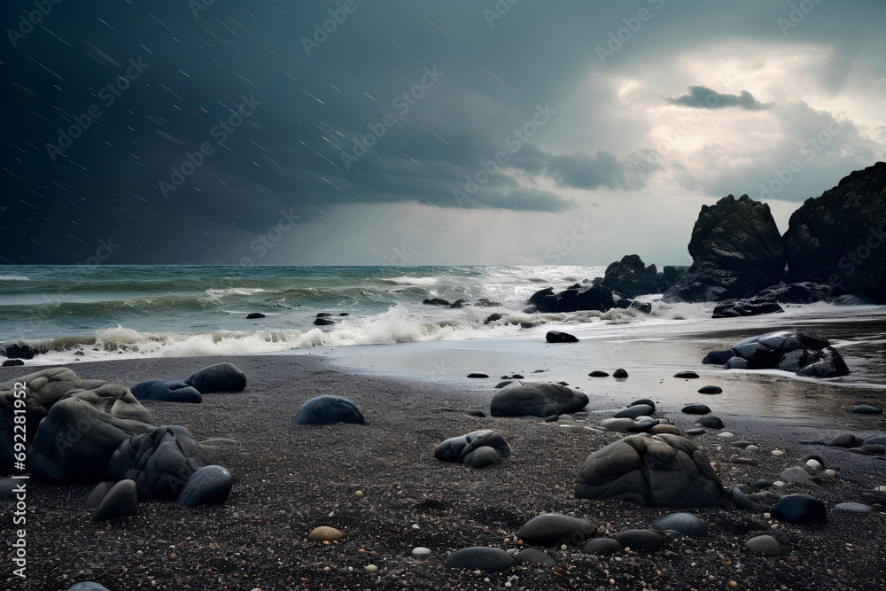 Rainy weather on coast of the ocean. Cold beach in a rainy weather with ...