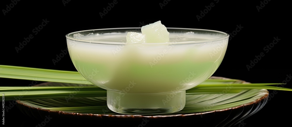 Glass serving of Buko Pandan, a Filipino coconut dessert made with ...