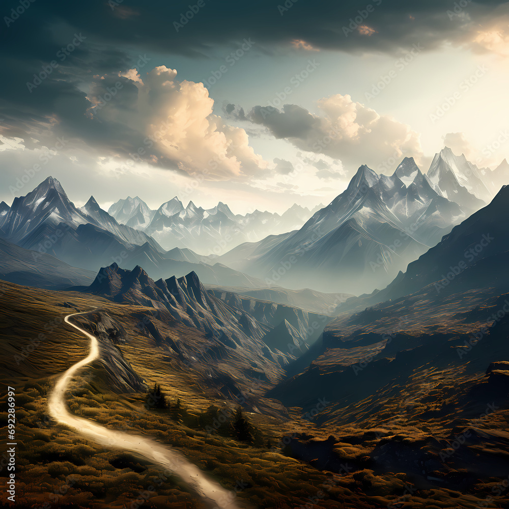 Mountainous landscape with a winding road disappearing into the horizon Stock Illustration ...