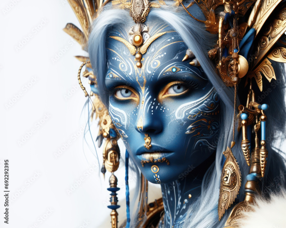 fantasy blue skinned alien woman with facial markings and gold headress ...