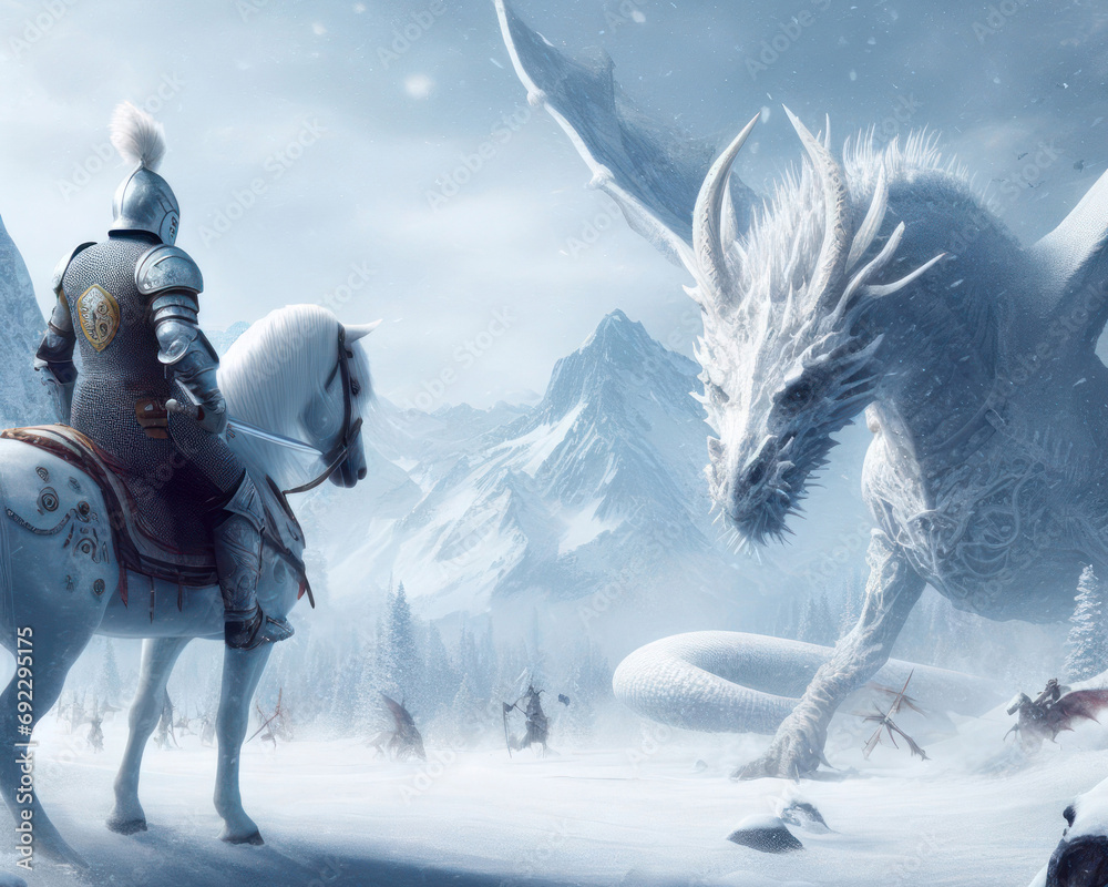fantasy scence of a knight on horseback facing a huge white dragon in ...