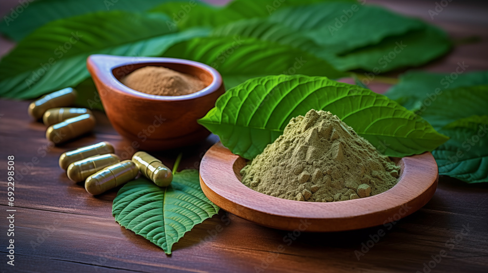 Mitragyna speciosa (kratom) leaves with medicinal products in the form ...