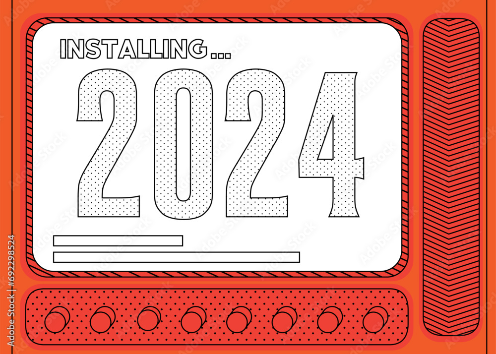 Cartoon Computer With the number 2024. Message of a screen displaying ...