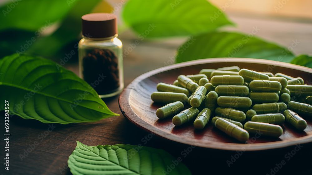 Mitragyna speciosa (kratom) leaves with medicinal products in the form of capsules and the ...