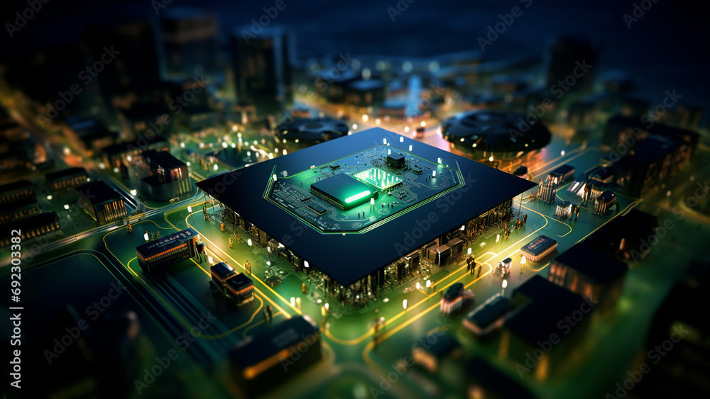 Isometric and tilt-shift view of a CPU or GPU Stadium at the center of ...