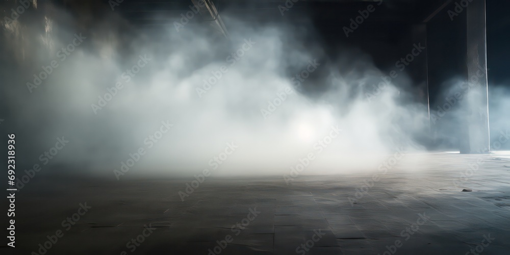 Smoke billows across a floor, with a hazy and defocused fog creating an ...