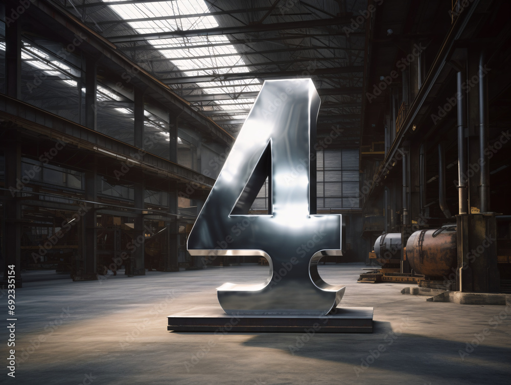 Giant Shiny Metal Object Shaped Like Numbers in a Factory Environment ...